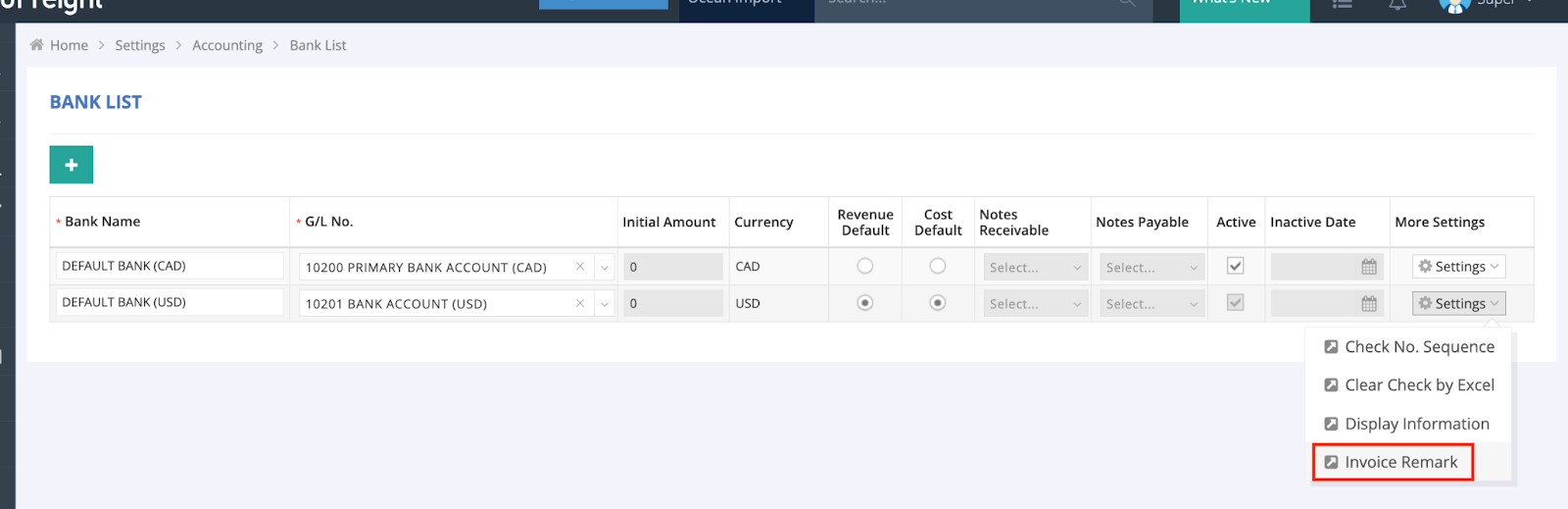 Configuring Invoice Remarks in Bank List – GoFreight Knowledge Center