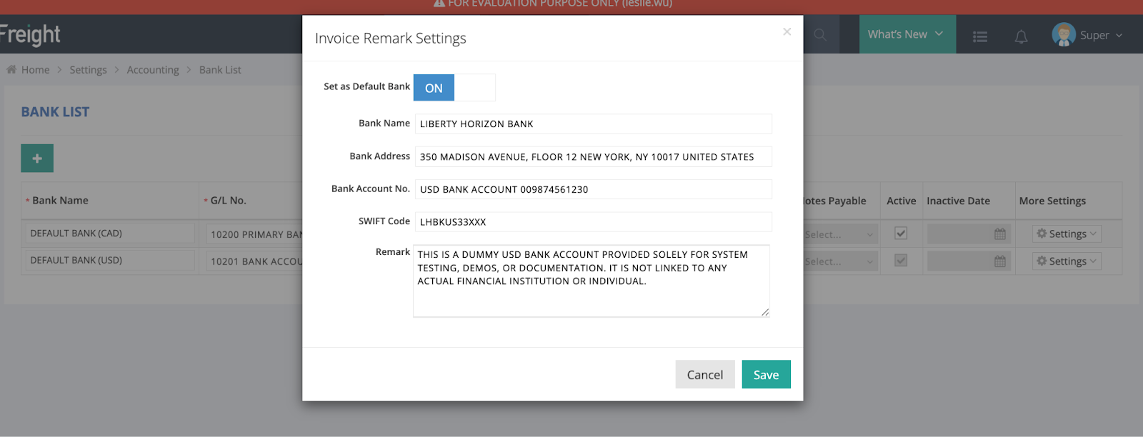 Configuring Invoice Remarks in Bank List – GoFreight Knowledge Center